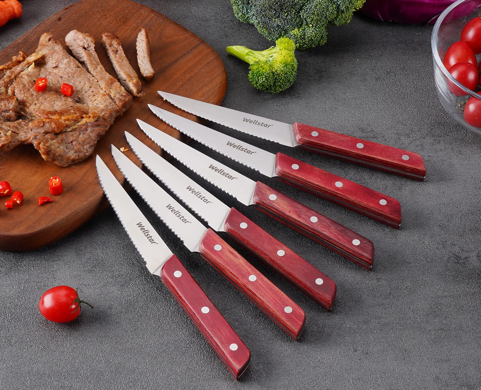 WELLSTAR Serrated Steak Knife Set of 6, Ultra Sharp Japanese Stainless Steel 4.5 inch Blade and Full Tang Pakkawood Handle Dinner Table Knives Pack for Home Kitchen Restaurant โ Triple Riveted