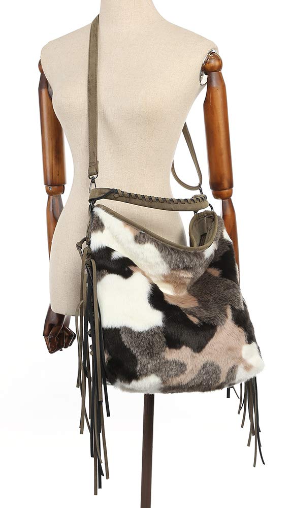 SHOMICO Fur Hobo Bag Fringe Purse for Women Boho shoulder Big (Fur Camouflage)