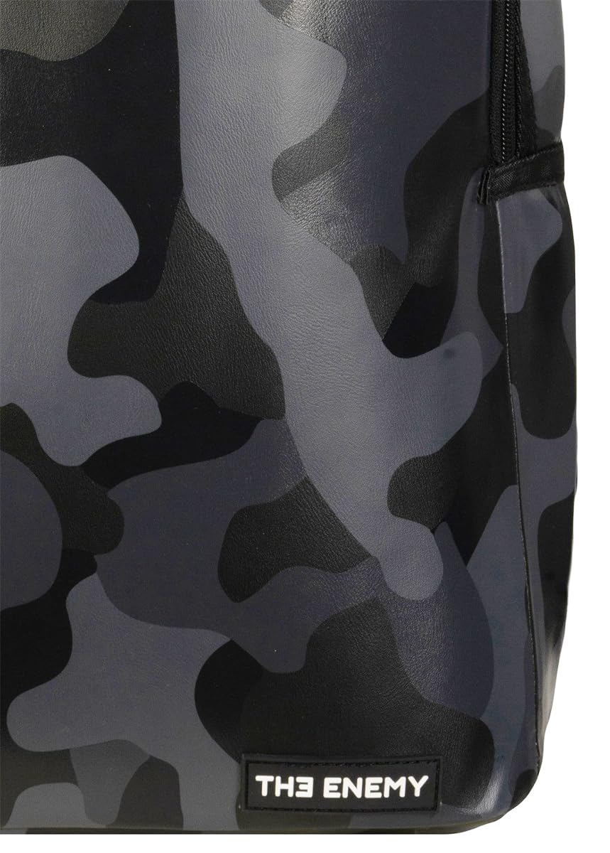 The Enemy Camo Bagpack, Unisex Eco PU Leather Backpack with Exclusive Blackout Zippers, Black Camo, One Size