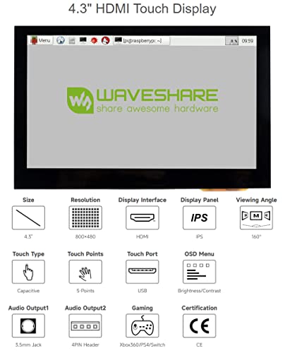 waveshare 4.3inch Capacitive Touch Screen LCD Compatible with Raspberry Pi 5/4B/3B+/3A+/2B/B+/A+/Zero/Zero W/WH/Zero 2W CM3+/4 800×480 Resolution HDMI IPS Supports Jetson Nano/Windows