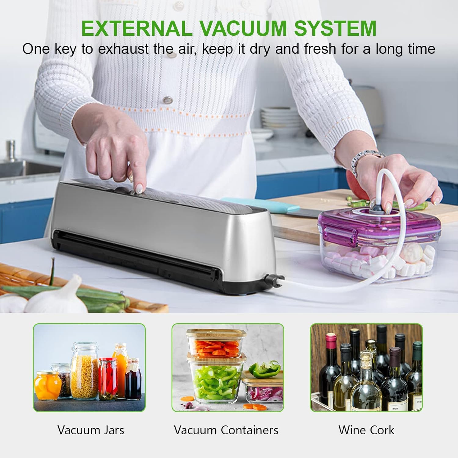 Vacuum Sealer Machine New Upgraded One-Touch Full Automatic Vacuum Sealer with LED Touch Screen Indicator Lights,Air Sealing System for Food Storage Dry/Moist Modes with 15 Seal Bags and 1 Hose.