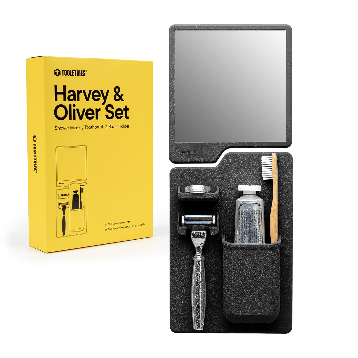 Tooletries - The Harvey & Oliver Set - Silicone Shower Toothbrush Holder and Razor Holder with Anti Fog Mirror - Silicone Shower Organizer - Removable & Reusable - Charcoal