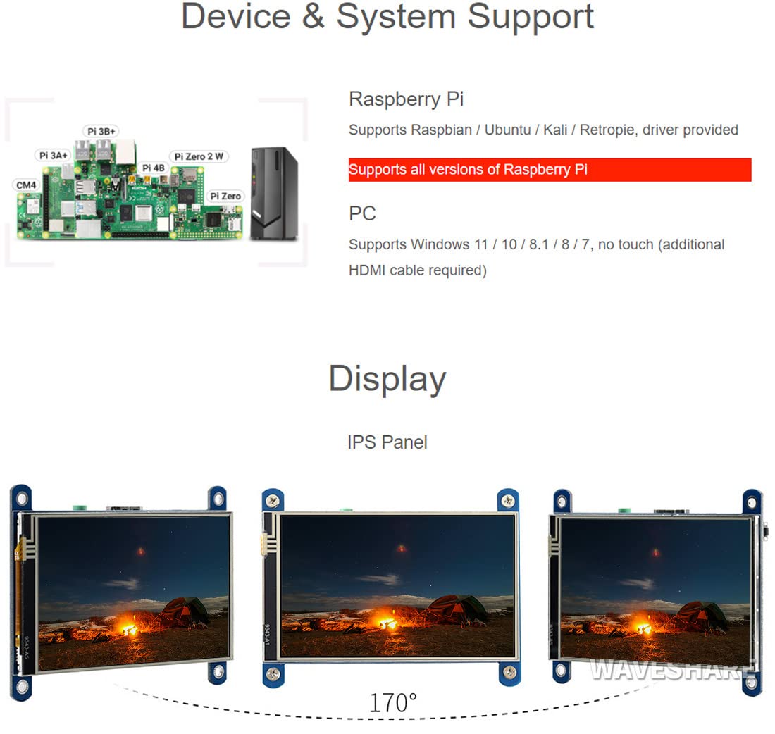 waveshare 4inch Resistive Touch Screen LCD Compatible with Raspberry Pi 4B/3B+/3A+/2B/B+/A+/Zero/Zero W/WH/Zero 2W CM3+/4 480×800 Resolution HDMI IPS Supports Windows