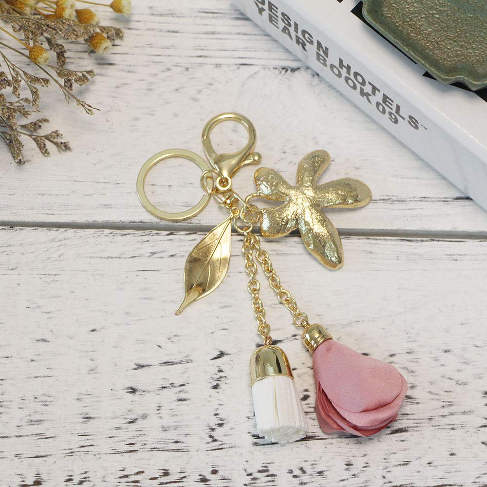 SWJEWEL Flower Keychain Rhinestone Tassel Leaf Key Ring Women Wallet Bag Pendant Charms Gold Pink