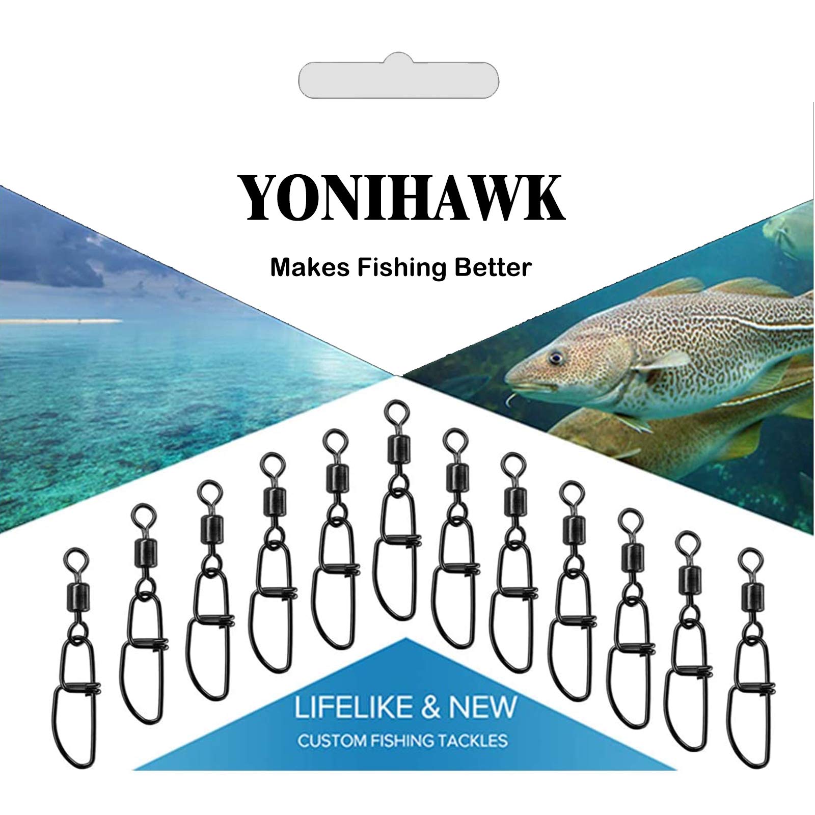 Yonihawk 50 Pack Fishing Swivels Fishing Tackle Assortment with Rolling Barrel Snaps Strong Strength Stainless Steel Duo Lock Snaps (2#)
