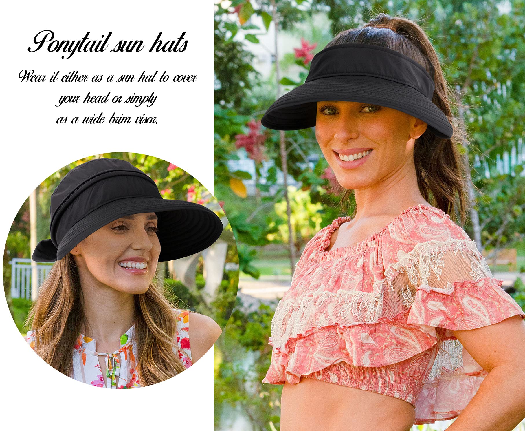 Verabella Womens Beach Hat Summer ๐๐ถ๐ด๐ต๐๐๐ฒ๐ถ๐ด๐ต๐ ๐ฆ๐๐ป ๐ต๐ฎ๐ for Hiking Sun Protection 2 in 1 Visor Sun Protection Hat (Black)