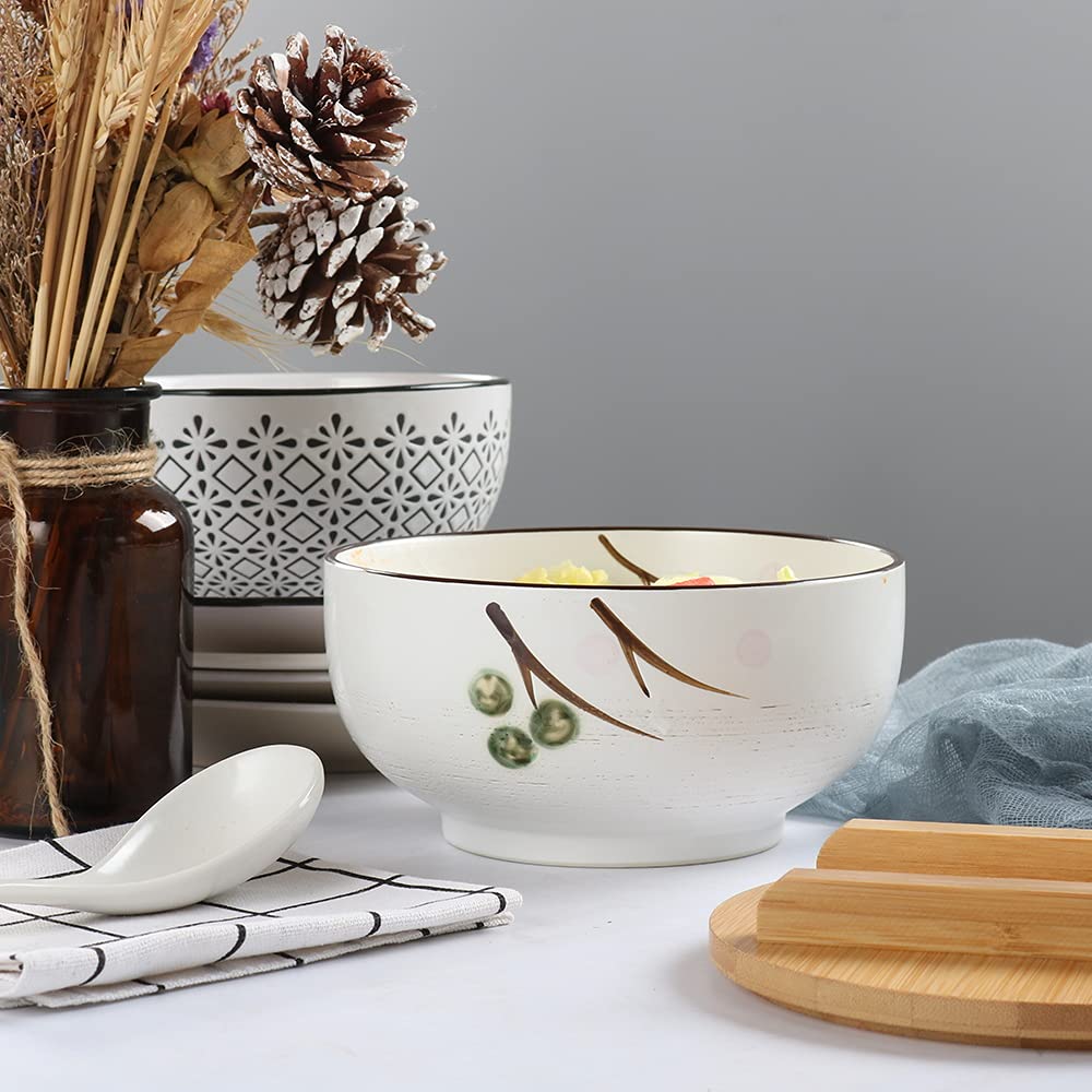 Yeking Japanese Ramen Bowls Japanese Rice Bowl (Contains chopsticks and spoons) Japanese White Ceramic Ramen Noodle Bowl Hand Drawn Rice Bowl Retro Tableware Noodle Bowl 6.5 inch
