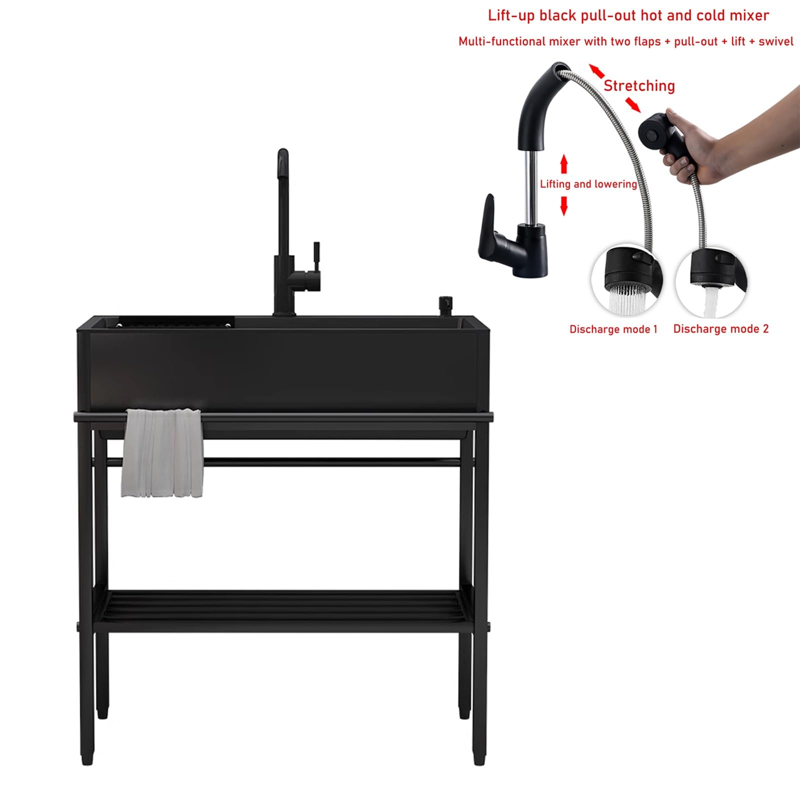 Stainless Steel Single Bowl Kitchen Sink With Stand Free Standing Commercial Restaurant Utility Sink Set With Drain Basket For Laundry Backyard Garage Outdoor,Black Stainless Steel Floor Standing Sink