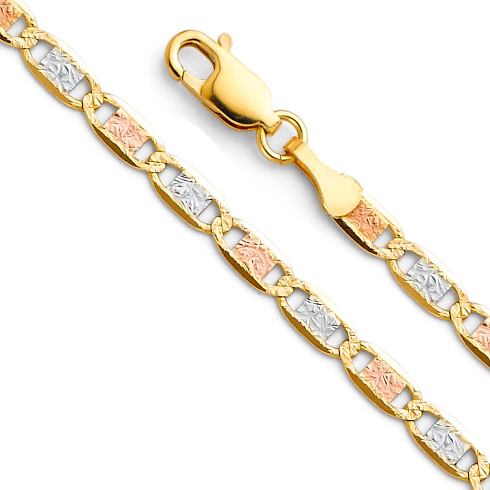 TWJC 14k REAL Tri Color Gold Solid 3mm Chain Bracelet with Lobster Claw Clasp - 7.5"