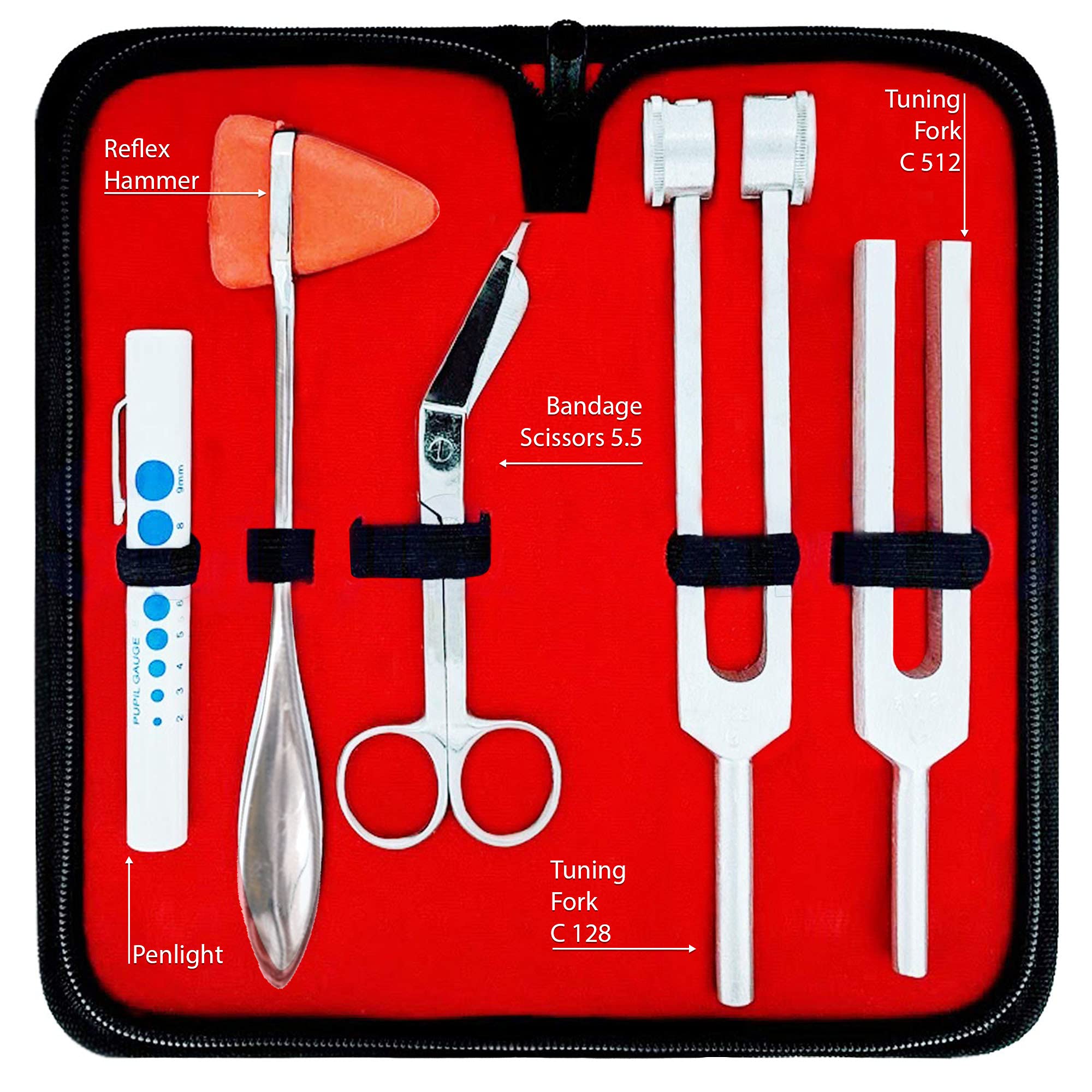 SurgicalOnline Percussion Taylor Reflex Hammer + C 128 & C 512 Tuning Forks + Bandage Scissors + Pupil Gauge Pen Light in Carrying Case - 6-Piece Set (Silver)