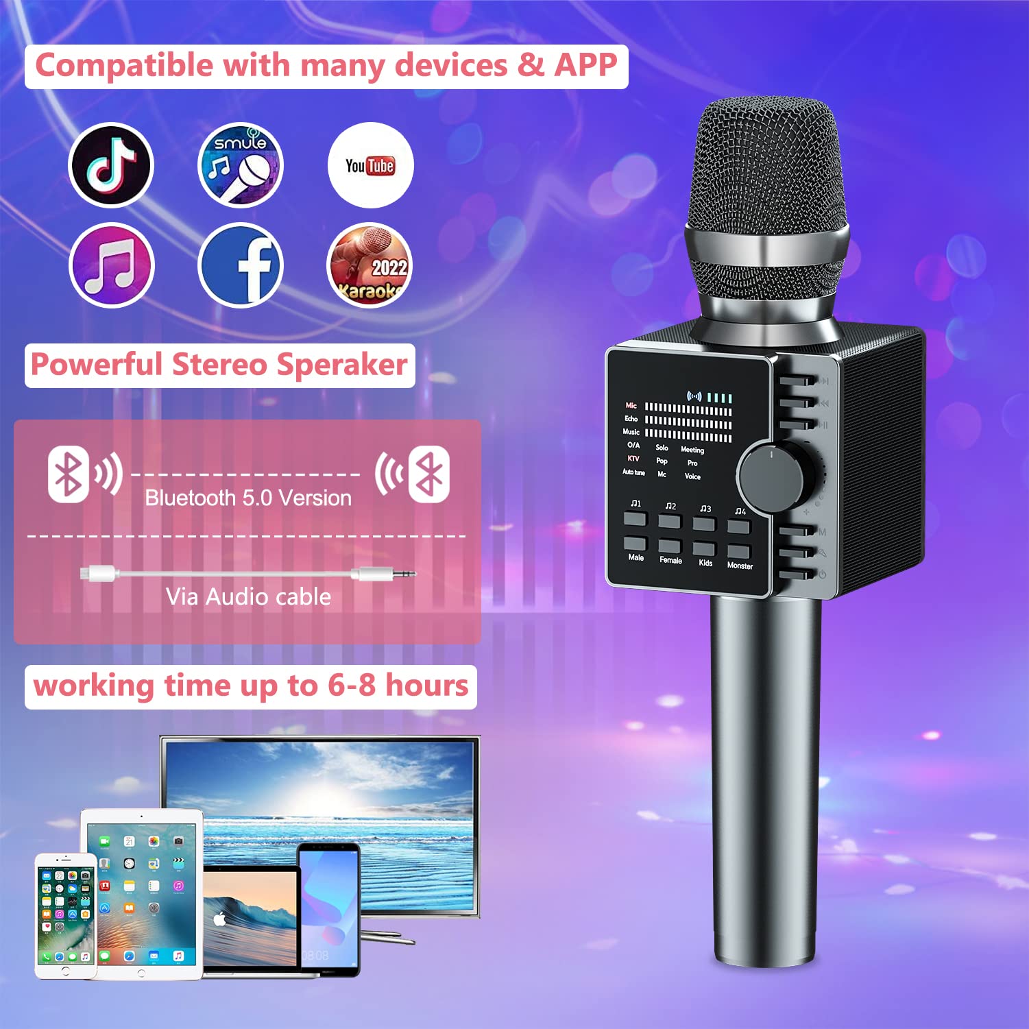 Verkstar Karaoke Microphone, Portable Wireless Bluetooth Car Karaoke with Magic Voice, Handheld Karaoke Mic Speaker Machine for Birthday Home Party KTV (Space Grey)