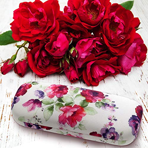 Rachel Rowberry Floral Hard eyeglass case | Glasses Case Hard Shell with Microfiber Drawstring Pouch and Cleaning Cloth | Protective Small sunglasses case for women (AS126 Cranberry Rose)