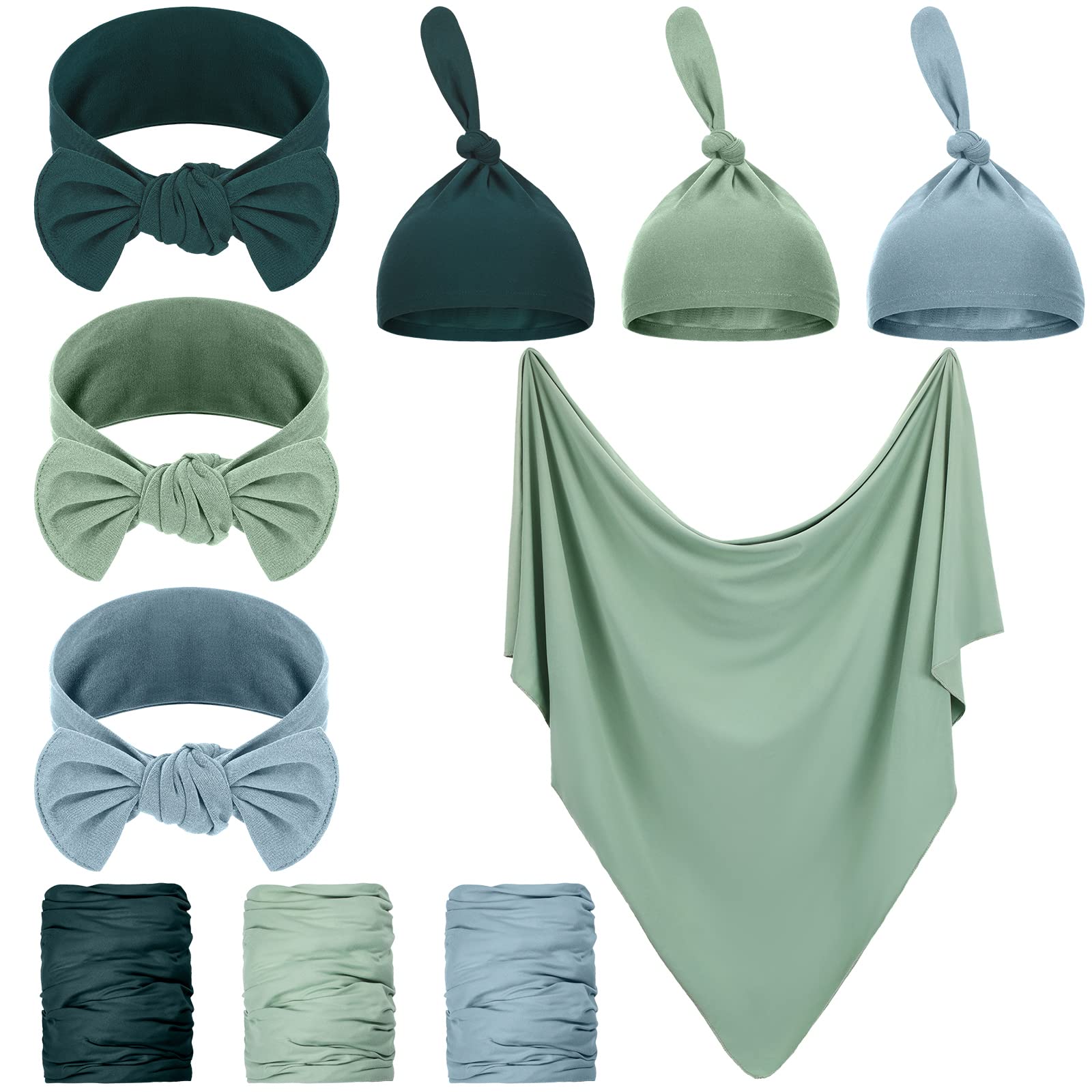 Tudomro 9 Pieces 3 Sets Newborn Swaddle Set with Hat Headband Cotton Baby Swaddle Blanket Newborn Swaddle Wrap Receiving Blanket for Baby Girl Boy, 31.5" x 31.5", Green, Dark Green, Blue