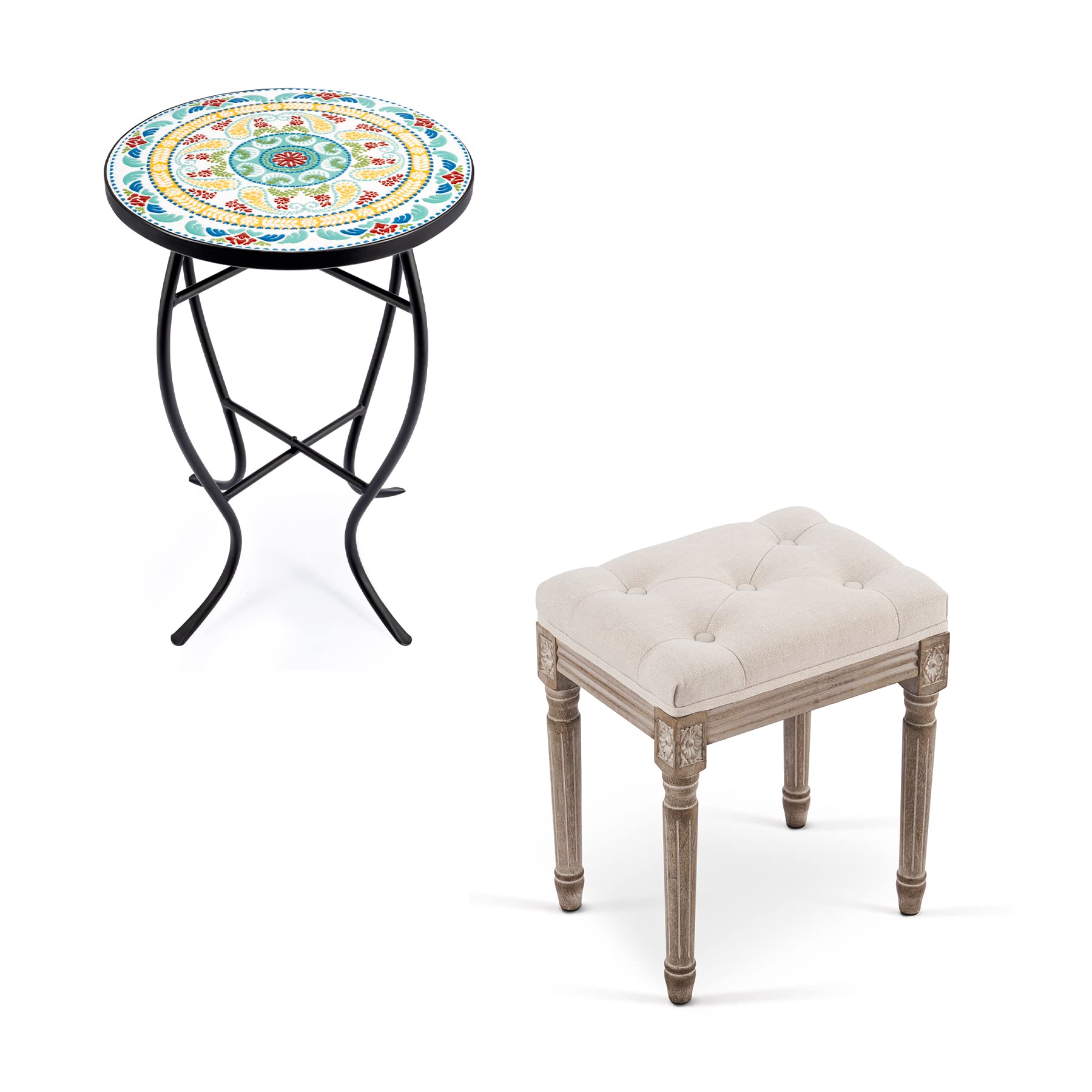 VONLUCE 21" Mosaic Plant Stand, 14 Inch Round Side Table with Ceramic Tile Top + French Vintage Foot Stool with Rustic Wood Legs and Padded Seat