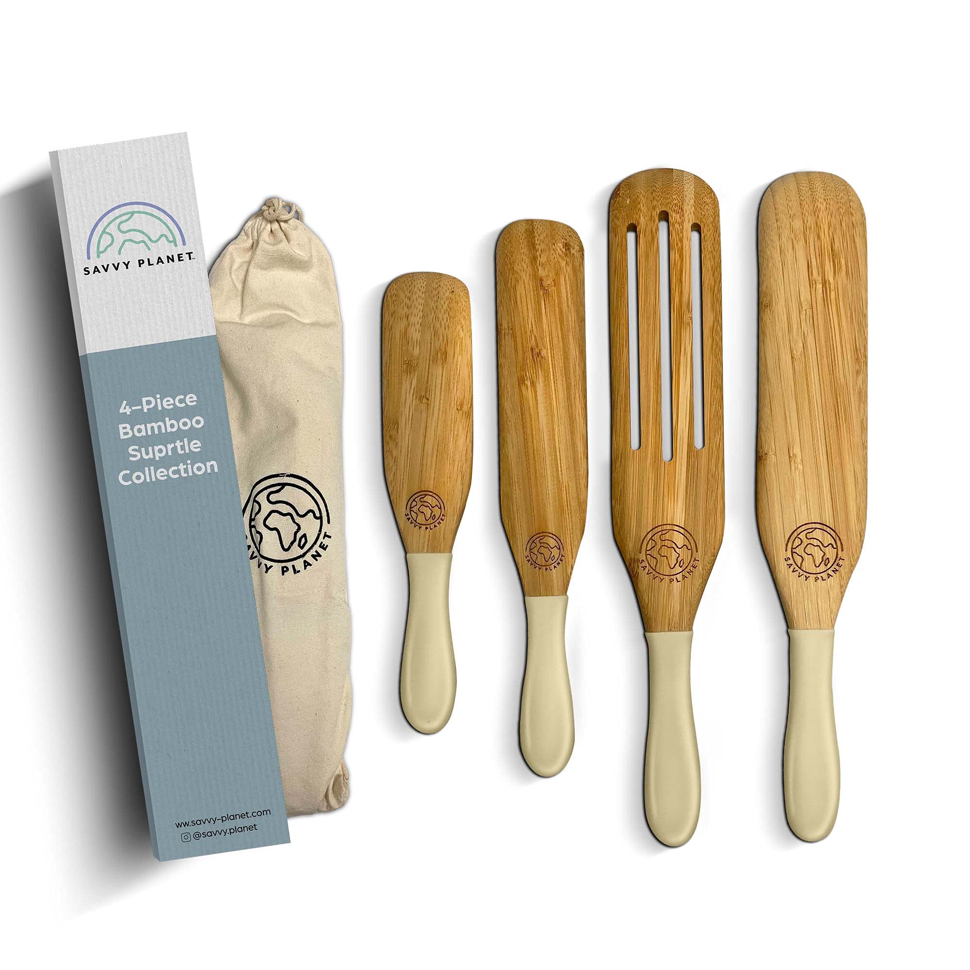 SAVVY PLANET - Bamboo Wooden Spurtle Set | Handles with Silicone Grip | Multi-Use Cooking Utensils (4 Pack) Included in Canvas Giftable Bag - White