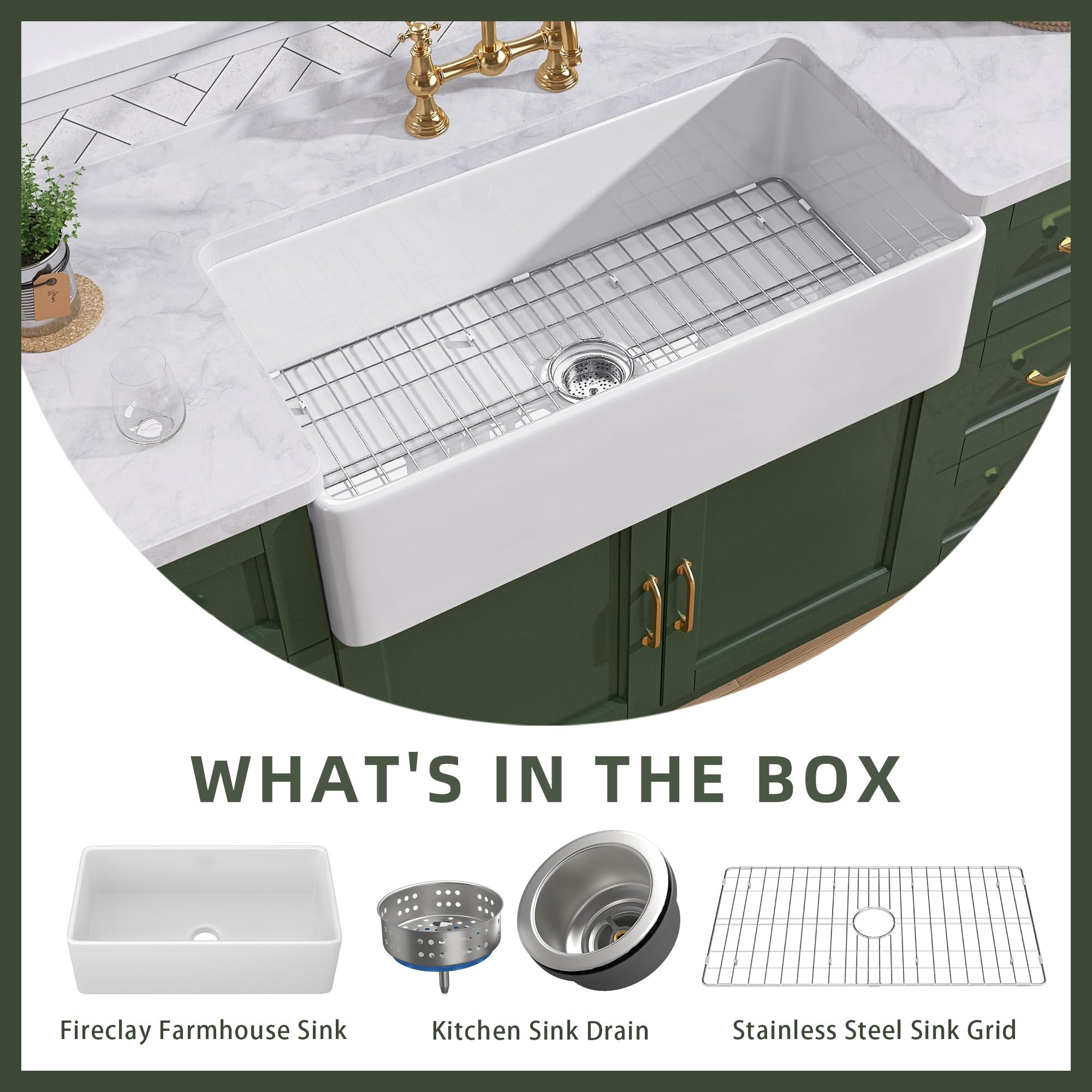 TUKTUK White Farmhouse Sink 33 inch Fireclay Apron Front Single Bowl Kitchen Sink Deep Drop In Farm Sink Undermount with Custom Bottom Grid & Strainer Drain