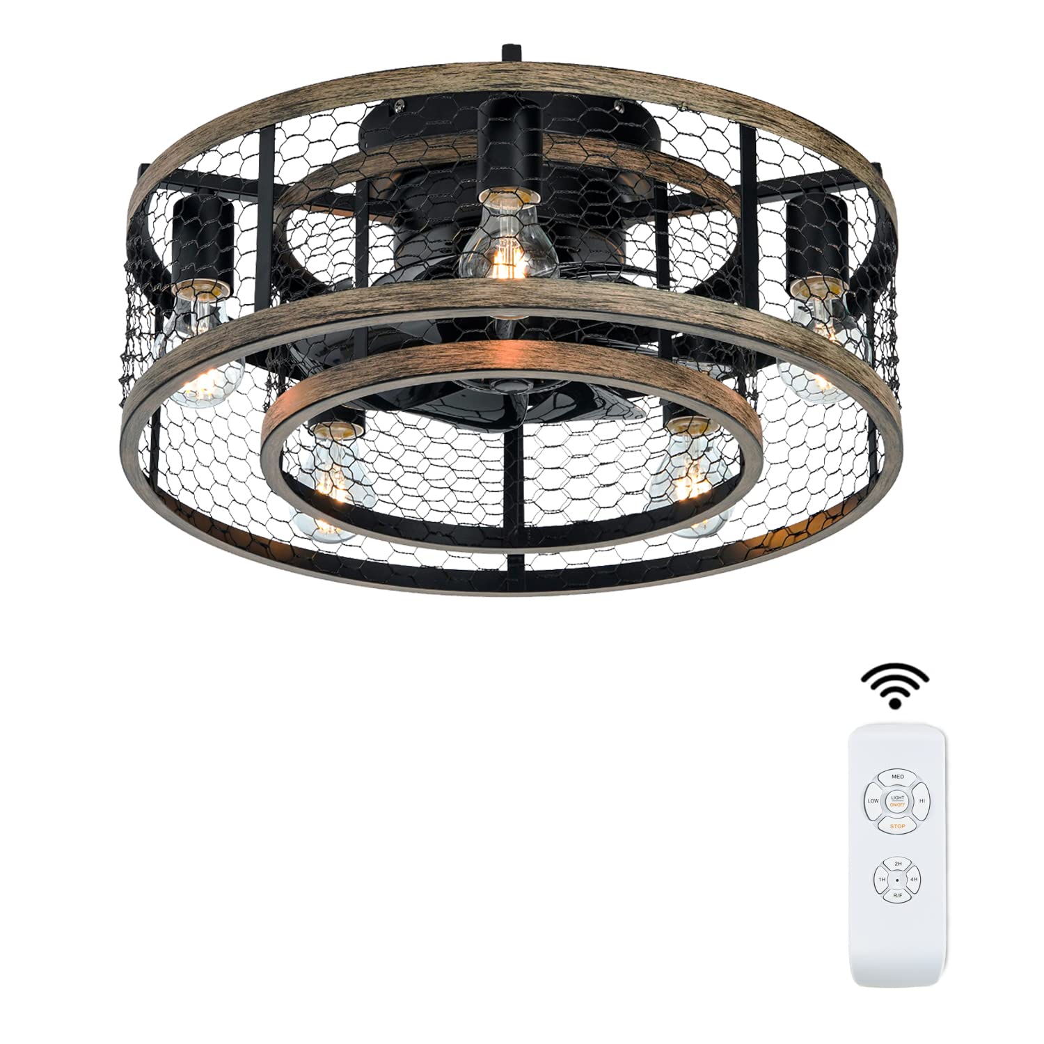 TFVV 20" Caged Ceiling Fan with Light,Low Profile Flush Mount Bladeless Small Ceiling Fan Light for Bedroom,Livingroom (Copper)
