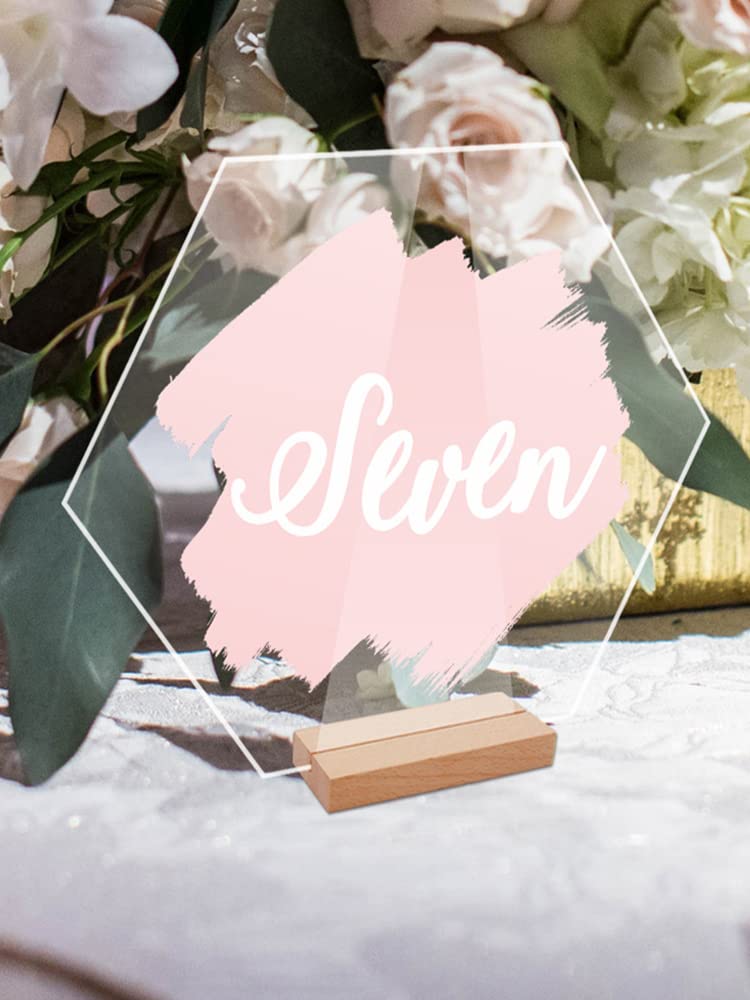 Saycker Acrylic Table Numbers 1-10, Table Numbers for Wedding Reception with Stands, Clear Reserved Table Signs Wedding Signage, Table Numbers for Centerpiece Decoration, Event, Party(Pink)