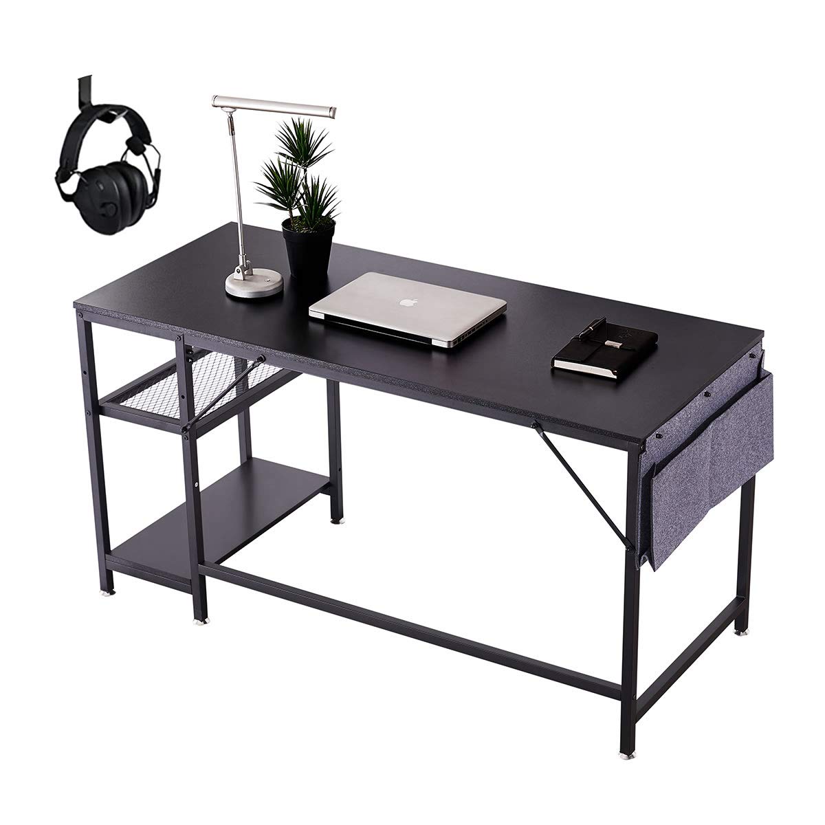 V-AIDMENG 55'' Home Office Desks, Computer Desks, Study Writing Desks with Storage Shelf, Hook and Storage Bag, Multi-Function PC Desk, Gaming Table, Work Tables for Desktop and Laptop. Black MDF