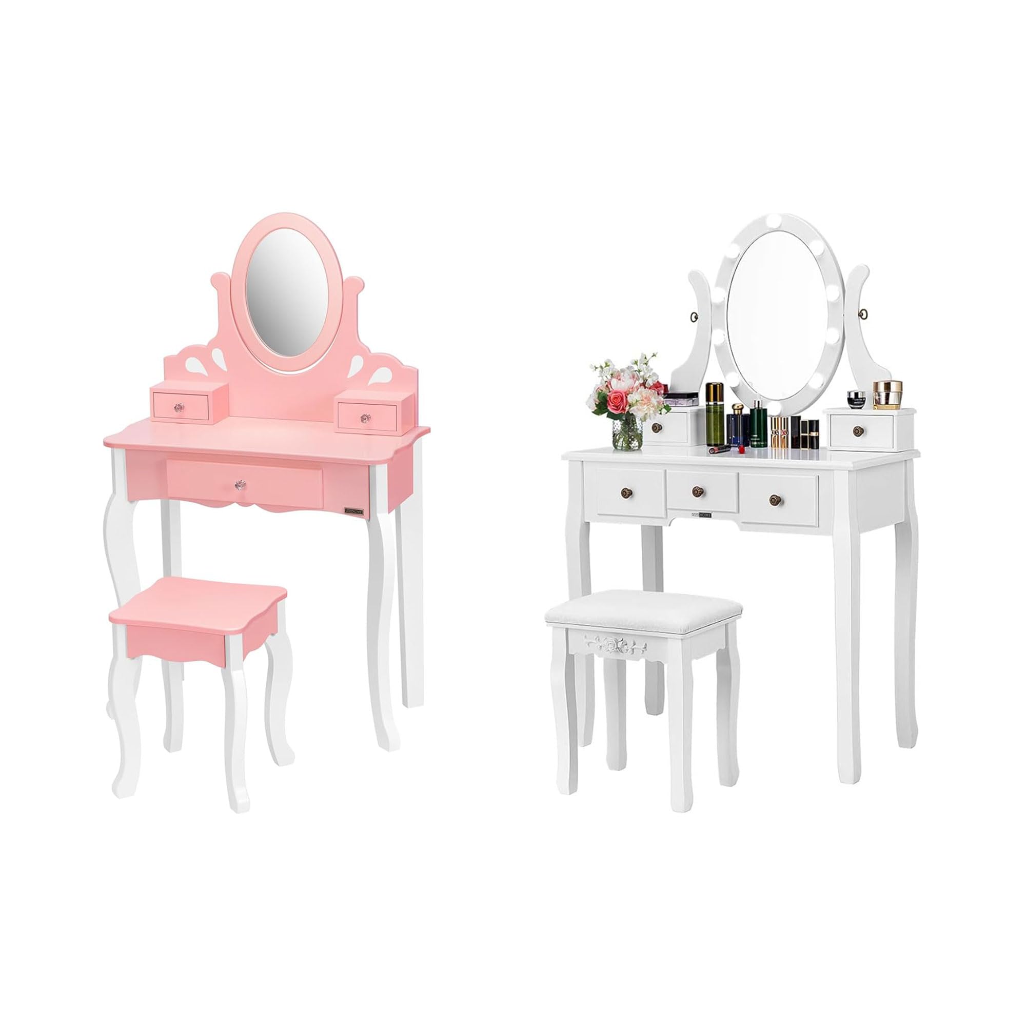 VIVOHOME Kids Vanity Set, Makeup Dressing Table with 360° Rotating Mirror for Girls, Pink Makeup Vanity Set with 10 Dimmable LED Bulbs, with 360° Rotating Lighted Mirror, White