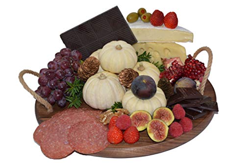WALUX Organic Black Walnut Wood Cheese Board with Handle (14"), Charcuterie Platter & Serving Tray for Wine, Crackers, Brie and Meat. Rustic Black Walnut Serving Board, Round Cheese Board