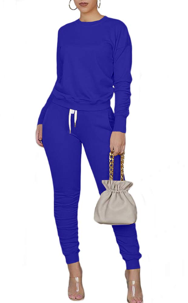 WUSENST Womens 2 Piece Solid Color Tracksuit Long Sleeve O-Neck Top Drawstring Sweatpant