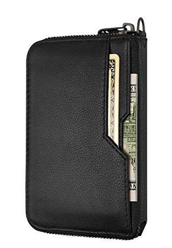 Vaultskin NOTTING HILL Minimalist Leather Zipper Wallet for Women and Men: Slim Multi Cardholder with RFID Blocking and Keychain Ring (Black)