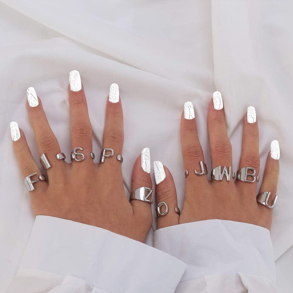 TOOPNK Initial Rings Letter Rings for Women Chunky Adjustable Rings Women Statement Rings for ladies' decorative gifts.Silver-M
