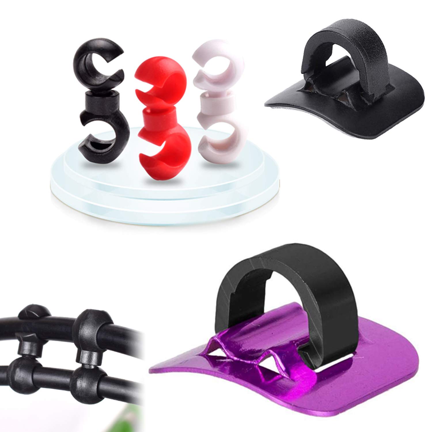 YouU 4 pcs Cable Guide Self-Adhesive Bicycle 4 pcs C-Clip Cable Guide Rotating 10 pcs S-Hook Clips,for MTB Road Mountain Bike Guide Black (Total 18 pcs)