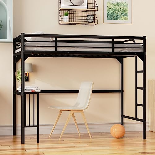 Voohek Twin Size Metal Loft Bed with Desk, Ladder and Guardrails, Bunk Bed Frame for Bedroom, Anti Wobbly Design, Large Weight Capacity, Black