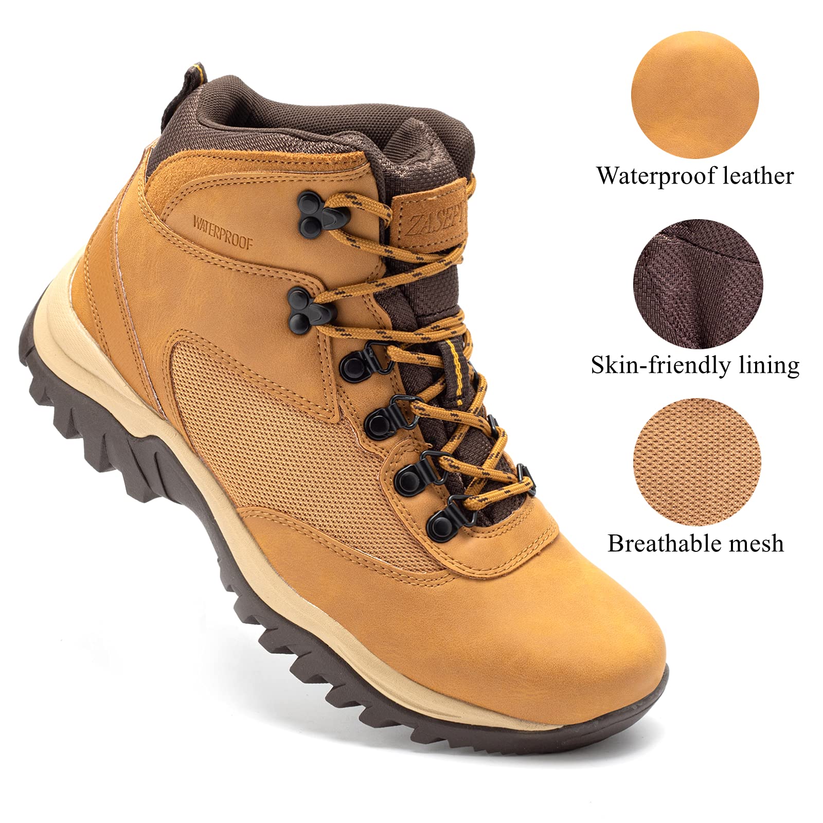 ZASEPY Men's Waterproof Hiking Boots Lightweight Non-Slip Outdoor Shoes Mid Top Ankle Arch Support Hiker Backpacking Trekking Work Boot