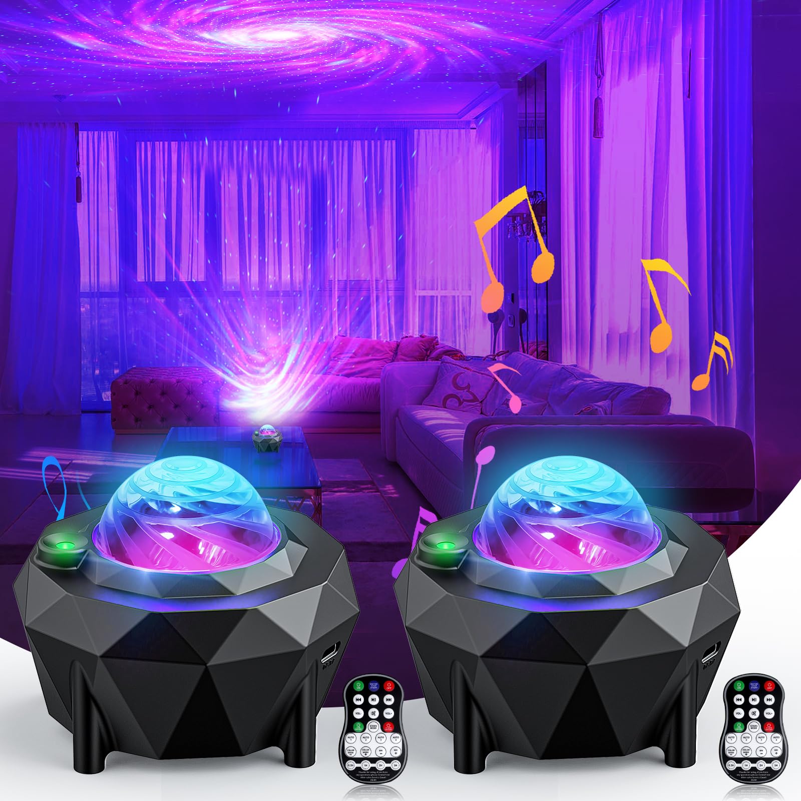 Star Projector, ZonQoonz Galaxy Projector with APP Remote Control, Bluetooth Music Speaker Aurora Night Light for Kids Adults Gaming Room, Home Theater, Birthday, Party-2 Pack, Black