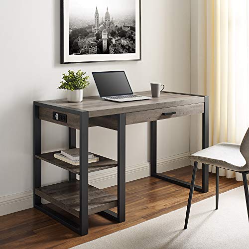 Walker Edison Modern Industrial Computer Gaming Desk Office Storage Shelves and Drawer with Electrical Outlet Home Office, 48 Inch, Grey Wash