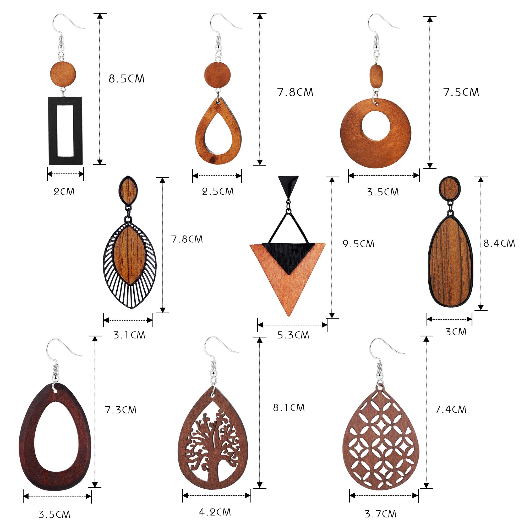 Udalyn 9 Pairs Wooden Earrings for Women African Natural Wooden Dangle Earrings Lightweight Drop Earrings Ethnic Statement Drop Earrings Set