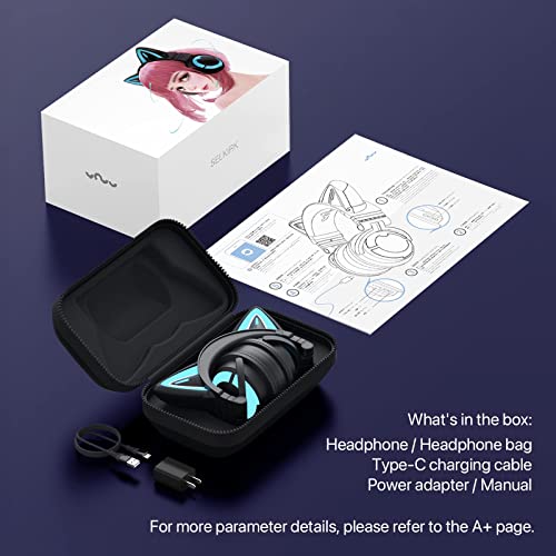 YOWU RGB Cat Ear Headphone 3S Wireless Bluetooth 5.0 Foldable Gaming Headset with Built-in Mic & Customizable Lighting and Effect via APP, Type-C Charging Audio Cable, for PC Laptop Mac Smartphone