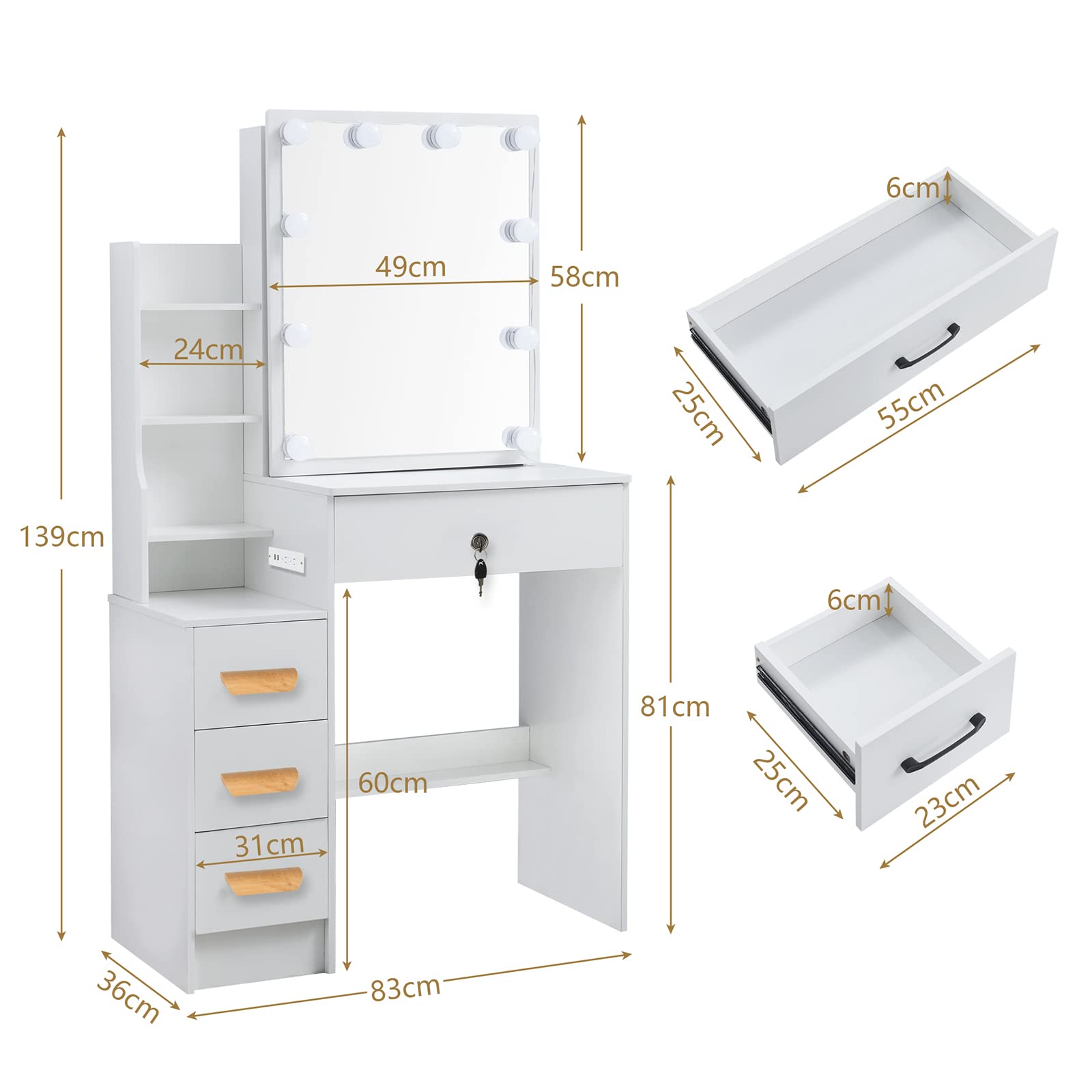 Tojump Makeup Vanity Table Set with DIY Lighted Mirror, Vanity Table with Vanity Cushioned Stool & 5 Drawers for Bedroom, Dressing Room, White (Makeup Vanity Set A)
