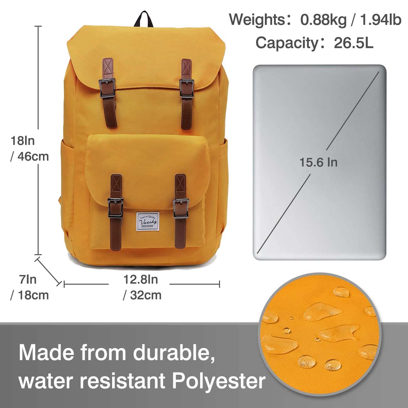 VASCHY Backpack for Men, Casual Water-resistant Hiking Camping Daypack Rucksack Travel School Backpack Drawstring Bookbag for College Fits 15.6inch Laptop (Yellow)