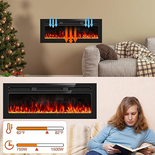 Upesitom 31" Electric Fireplace Recessed and Wall Mounted Fireplace Heater Inserts, Mirrored Led Fireplace Heater with Remote Control, Timer, Adjustable 12 Flame Color, 750/1500W, Black