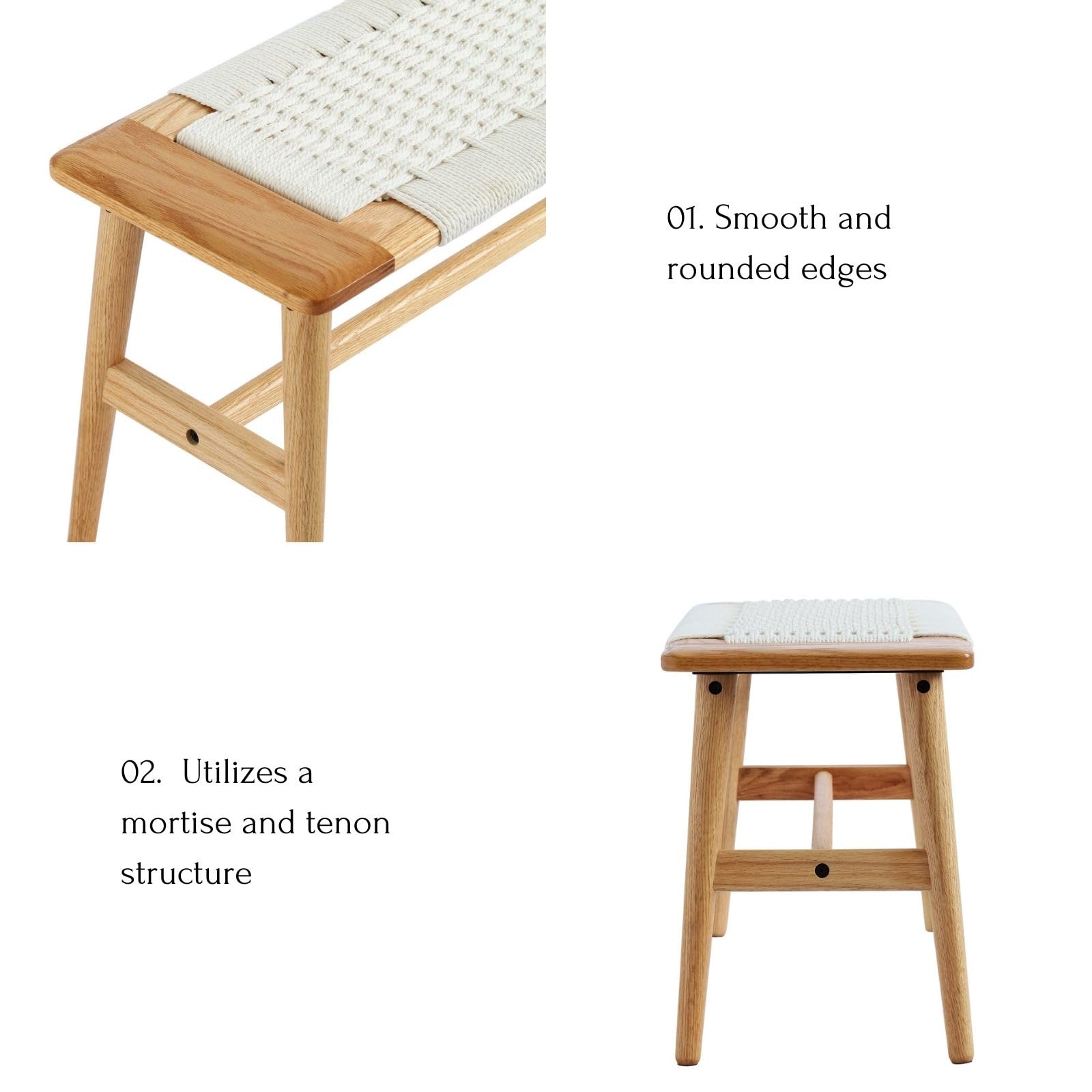 Vadisun 100% Solid Oak Wood Bench,Hand Woven Chair Surface Design,Solid Structure of Chair Legs,Bedroom Bench/Entryway Bench/Dining Bench (Off-White,31.49β*11.81β*15.98β)