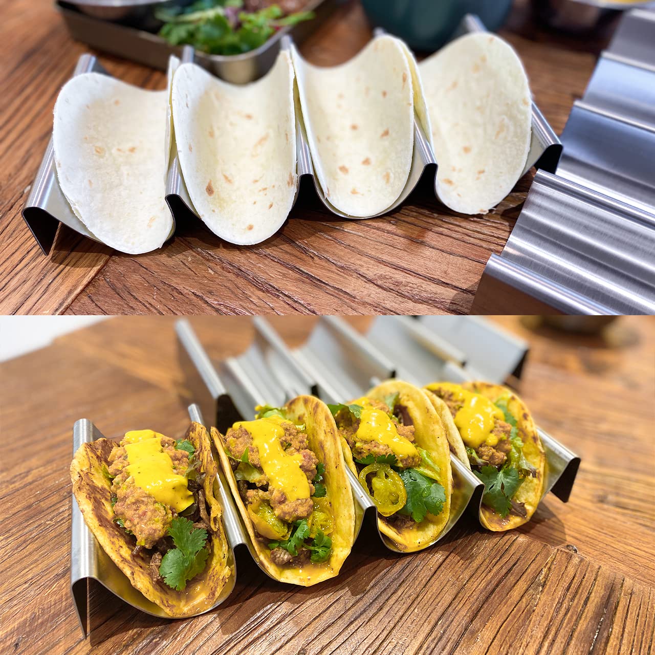 Uyauld Stainless Steel Taco Holder, U Shape Taco Serving Tray Tool, Premium Wave Taco Rack Stand Set of 2, Holding 4 Soft or Hard Tacos (2)