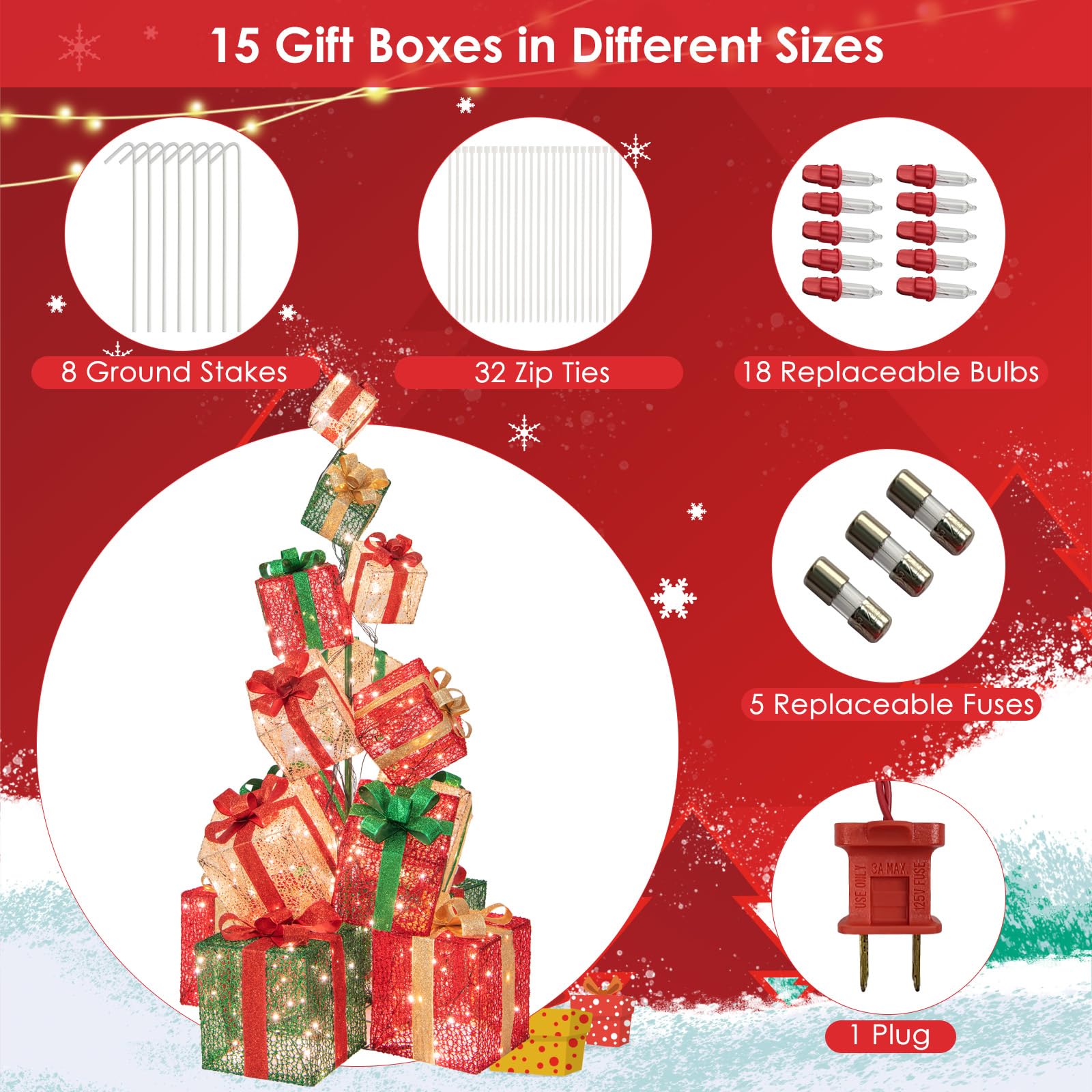 Tangkula 5.6 FT Lighted Box Tower, 15 Stacked Pre-lit Boxes with 450 Warm White Lights, Metal Base, Ribbons & Bows, Light up Gift Box Decorations for Indoor Outdoor