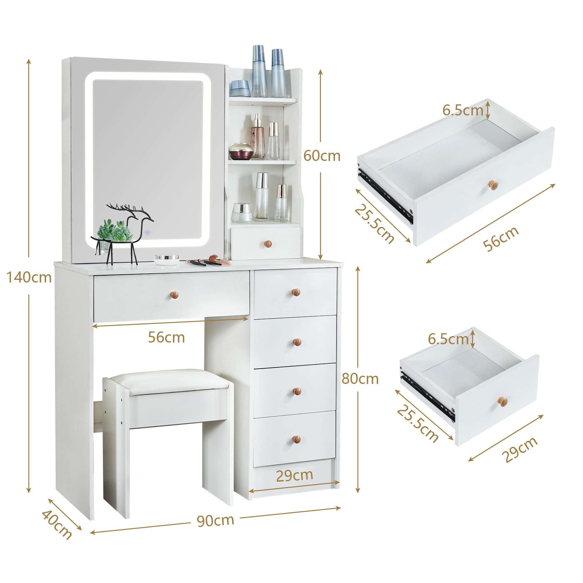 Vanity Desk Makeup Dressing Table with LED Lighted Mirror Cushioned Stool Set 3 Color Lighting Modes Storage Shelves 5 Drawers Brightness Adjustable Modern for Women Girls Bedroom White