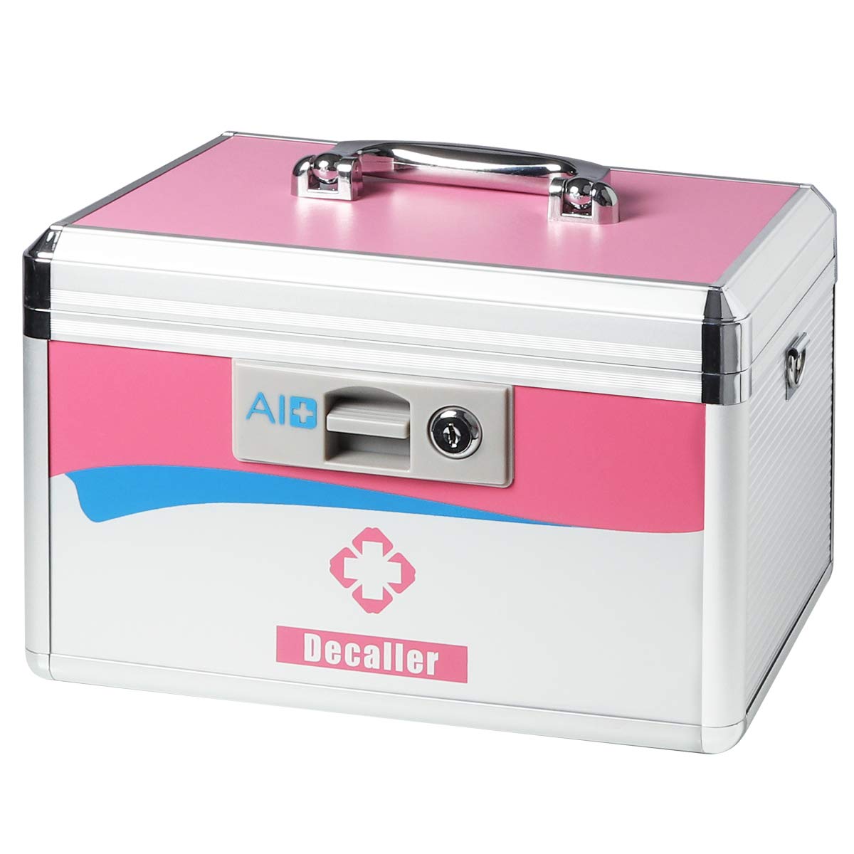 Decaller First Aid Box with Security Lock, Medical Box with Removable Tray for Drugs Storage, 12" x 8 1/5" x 8 1/5", Medium, Pink