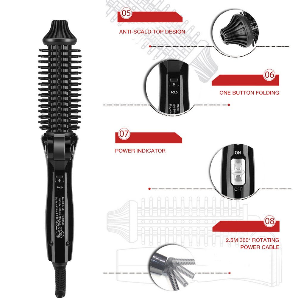Syrisora Ceramic Tourmaline Foldable Anion Hair Brush Curler Hair Curling Iron Hair Styling Tools (EU Plug)