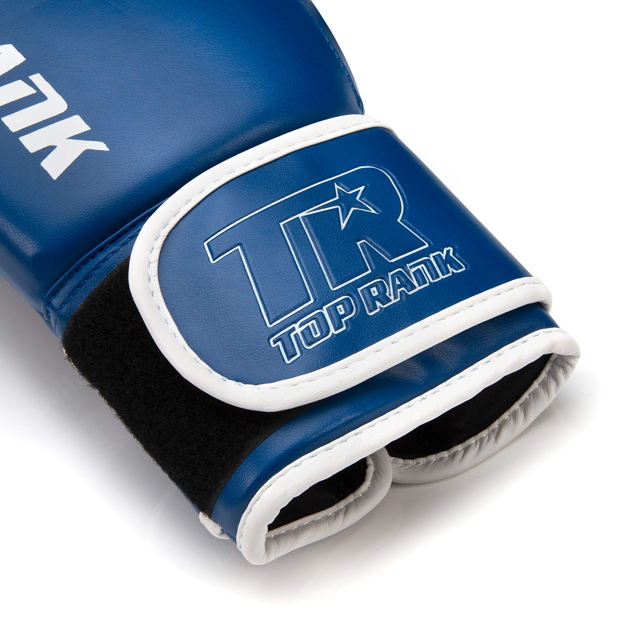 TOP RANK 12 oz. Contender Series Training Boxing Gloves, Molded Padding, Durable Synthetic Leather Shell, Mesh Palm, Hook and Loop Secured Pull Tab Closure, Blue with White Trim, Mesh Glove Bag