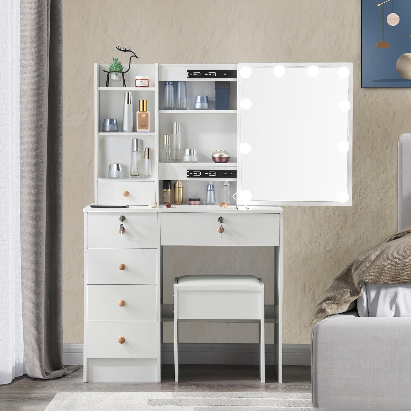 Vanity Desk Makeup Dressing Table with LED Lighted Mirror Cushioned Stool Set 3 Color Lighting Modes Storage Shelves 5 Drawers Brightness Adjustable Modern for Women Girls Bedroom White