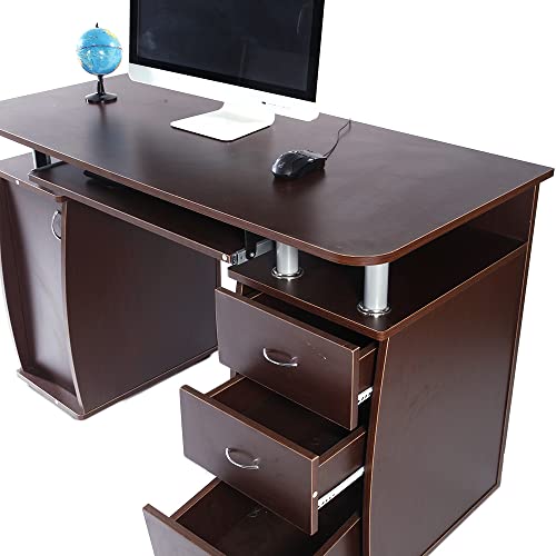 XYZTech 45 Inch Home & Office Computer Desk with 3 Drawers Writing Study Computer Table Workstation with Detachable Sliding Slide-Out Keyboard Tray Shelf (Brown)