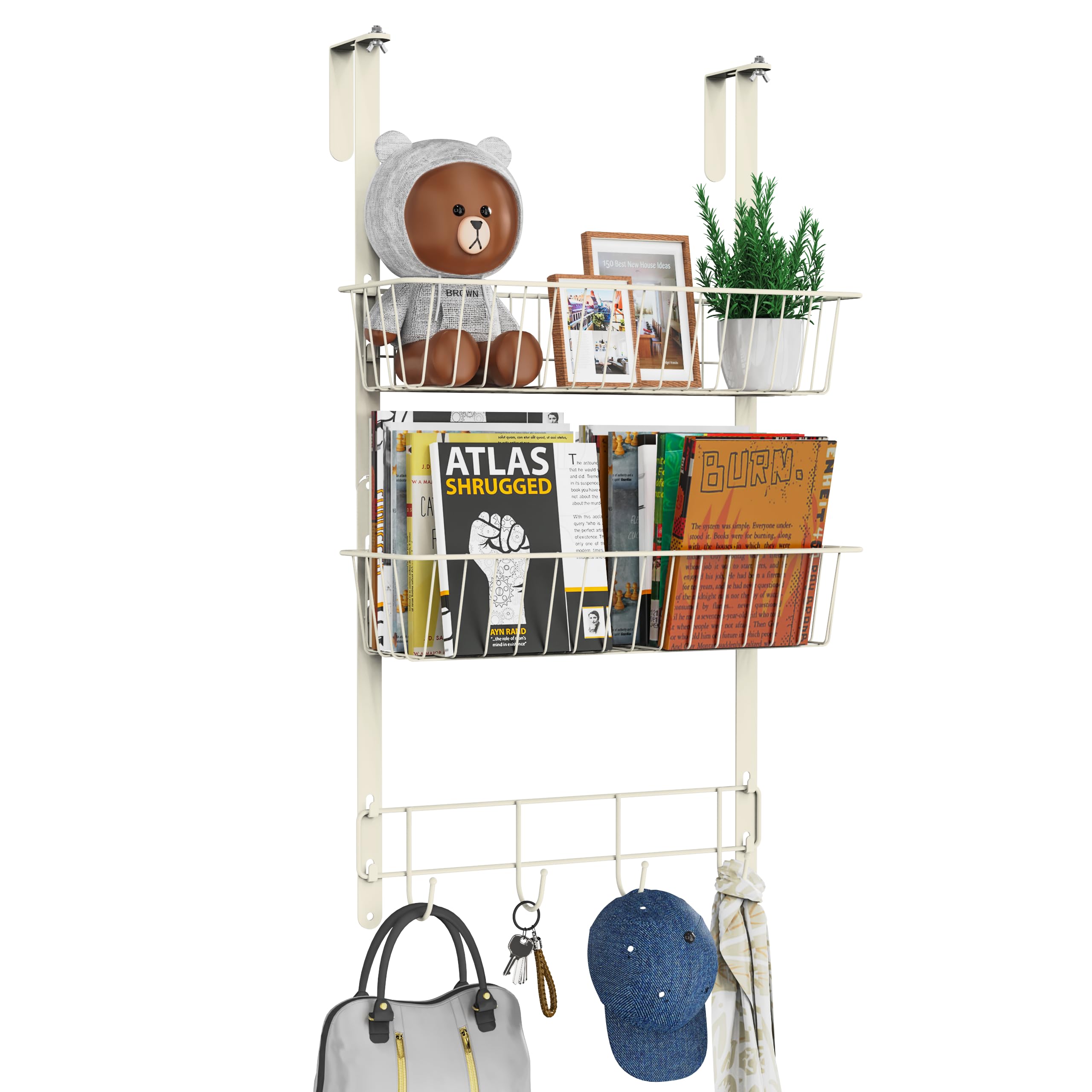 Temste Over the Door Hooks Organizer,Multifunctional Door Hanger Towel Rack with 2 Mesh Baskets,Back of Door Storage Shelves for Bathroom,Bedroom,Kitchen & Pantry (White,with hooks)