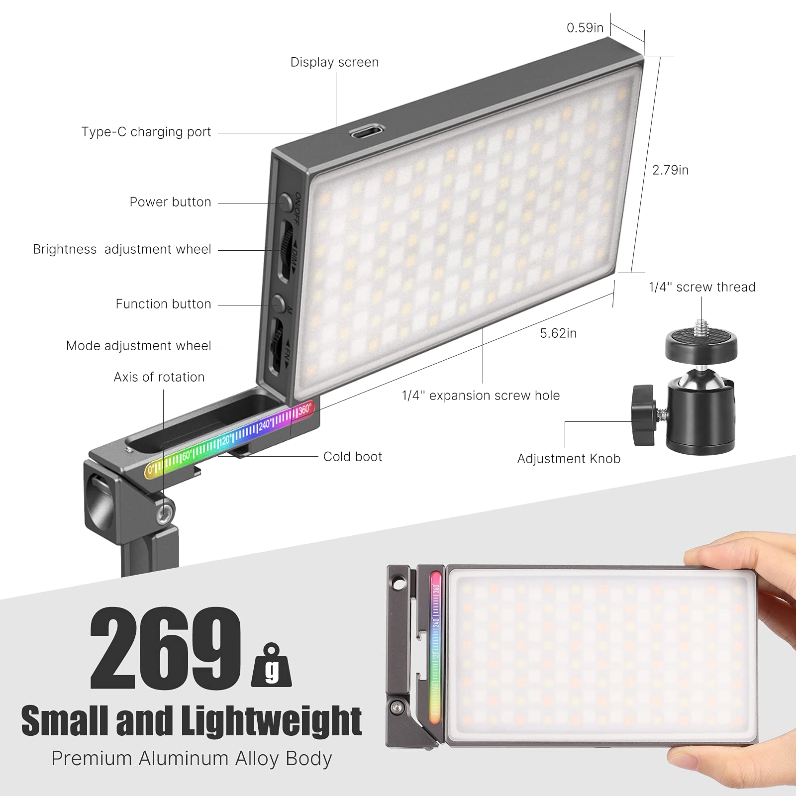 ULANZI RGB Video Light, R70 LED Camera Light Panel Built-in 5000mAh Rechargeable Battery, CRI≥95 2700-8500K Dimmable Photography Lighting 360 Full Color 20 Light Effects Support Magnetic Attraction