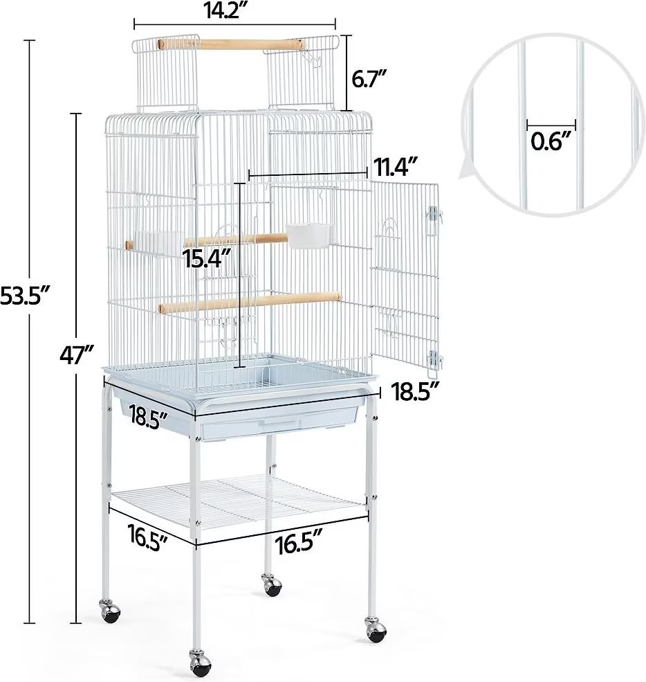 TENAS Deluxe Spacious Bird Cage - Interactive Play Top - Wire Construction - Rust Resistant Paint Coating - Wooden Perch - Convenient Small Feeder Door - Removable Rolling Bracket Metal (White)